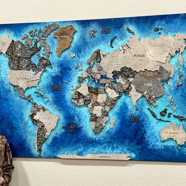 3D Wooden World Map Office Wall Art Decor, Wood World Map Accent Wall ...