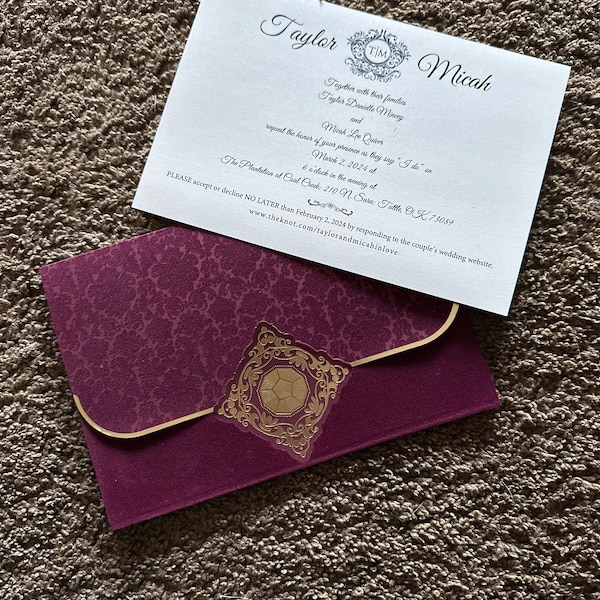 Wedding Invitation With Velvet Envelope, Burgundy and Gold Invitation ...