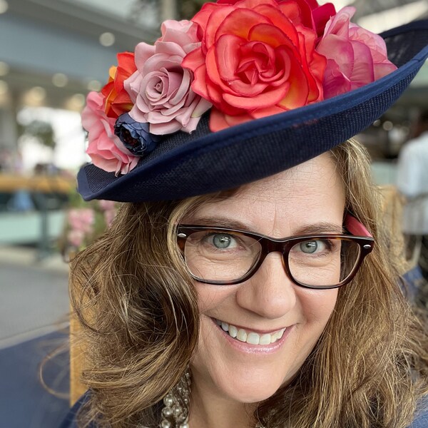 New Large Navy Blue Orange Coral Hot Pink Cerise Rose Flower Fascinator ...