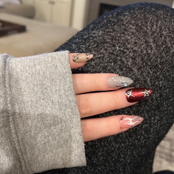 3D Freestyle Almond Goth Press on Nails, Handpainted Luxury Acrylic ...