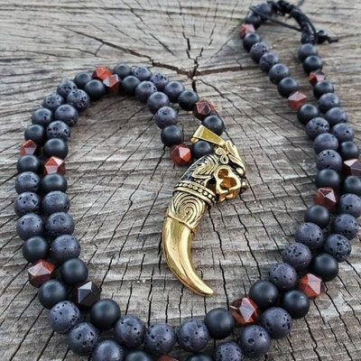 Tiger Tooth Necklace Men's Natural Red Tiger Eye Beads Necklace Onyx ...