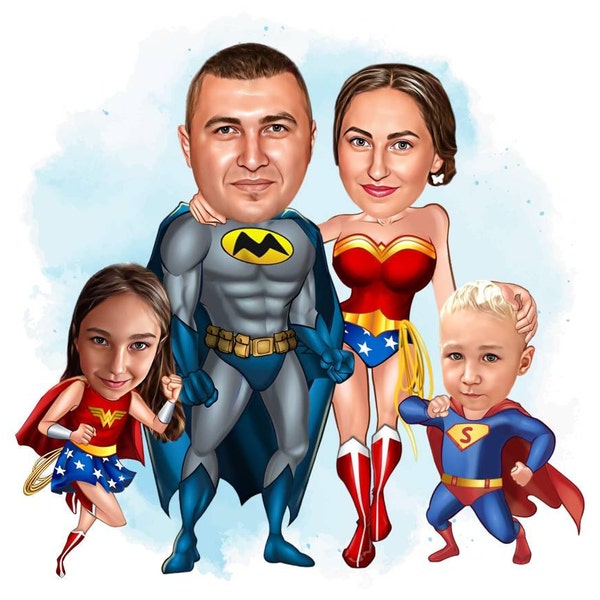 Custom Superhero Family Cartoon Portrait, Family Portrait, Family Gift ...