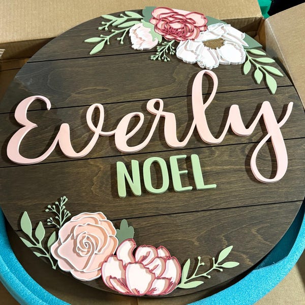 Floral Personalized Round Name Sign With Beautiful Layered Flowers for ...
