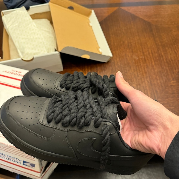 Custom Double Laced Matte Black Af1 With Thick Rope Laces and Blue ...