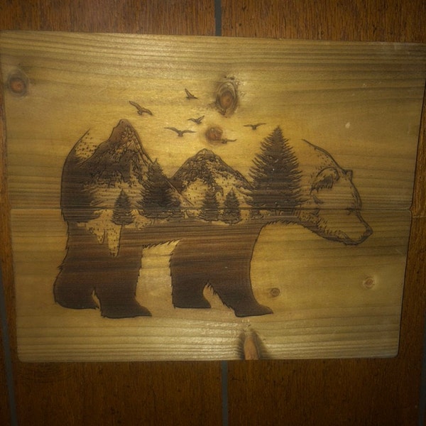 Bear Forrest Wooden Art Rustic Handmade Wood Burning Unique Poster ...