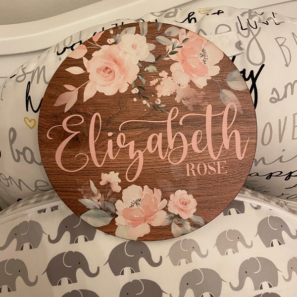 Blush Rose Floral Round Wood Name Sign, Pink Rose Baby Sign, Round Wood ...