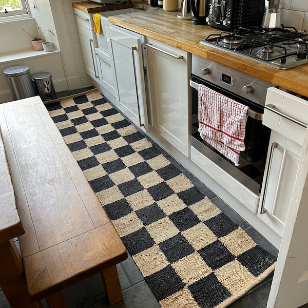 Checkered Jute Rug, Custom Size Runner Rug, Hallway Runner, Boho Jute ...