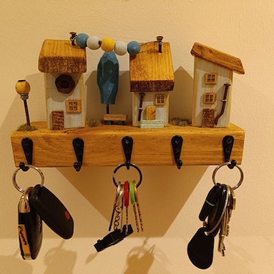 Handmade Wooden House Keyholder, Housewarming Gift, Colourful Wall ...