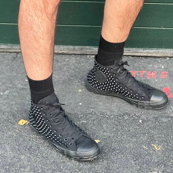 Studded CONVERSE Run Star Hike Black With Studs & Chains Sneakers Shoes ...