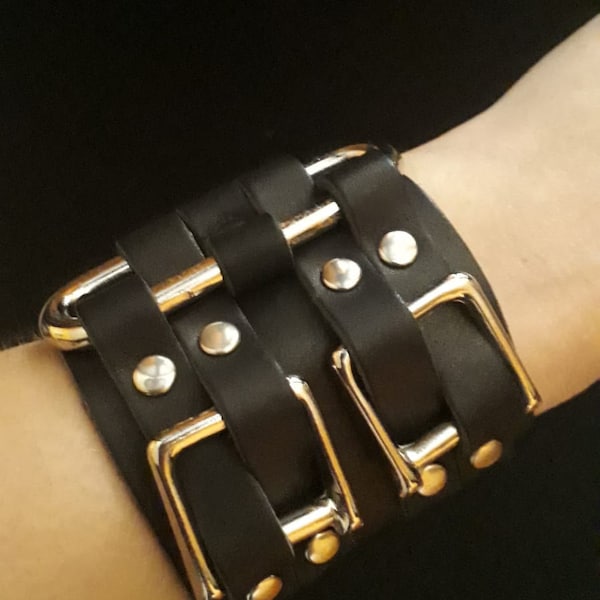 Metal Wide Leather Wrist Cuff Bracelet for Men or Women, Black Wide Leather Cuff Wristband ...