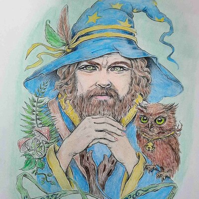 Wizard Coloring Page GRAYSCALE Male Magic Owl Woodland Male ...