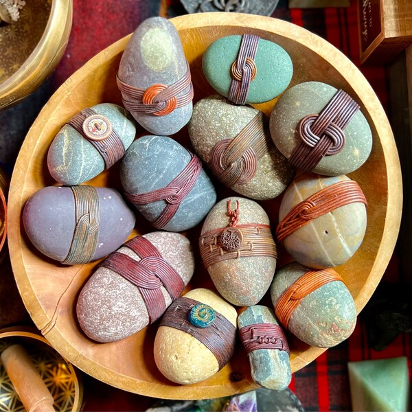 Sold as a Set, Leather Wrapped Centering Stones, Sterling Silver Heart ...