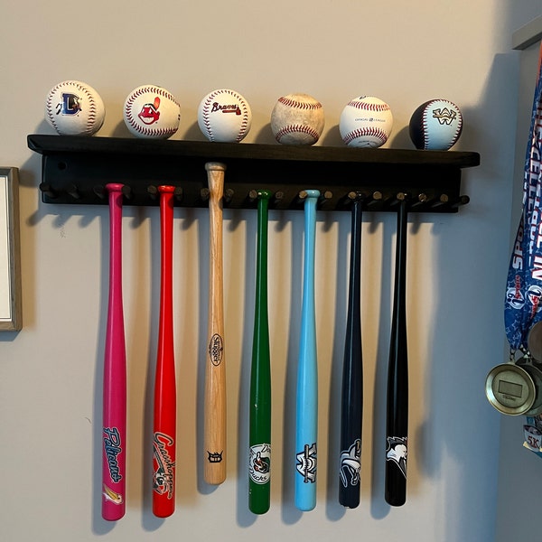 Baseball Bat Rack 11 Bats 6 Balls Wall Holder Display Wood Awards ...