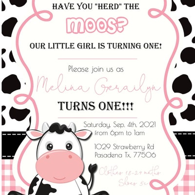 Girls Cow Birthday Invitation, Cow Party Invitation, Cow Party Invite ...