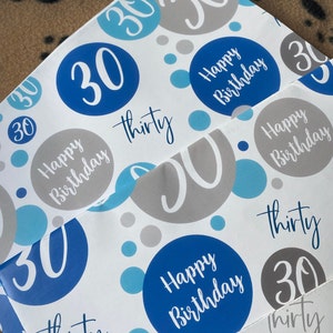 2 Sheets 30th Birthday Wrapping Paper Age 30 Birthday White and Blue ...
