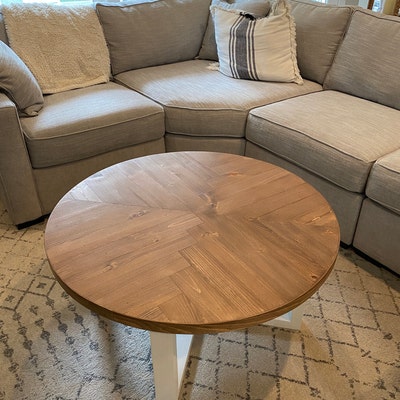 Round Rustic Wood Herringbone Pattern Coffee Table With Black Wood Legs ...