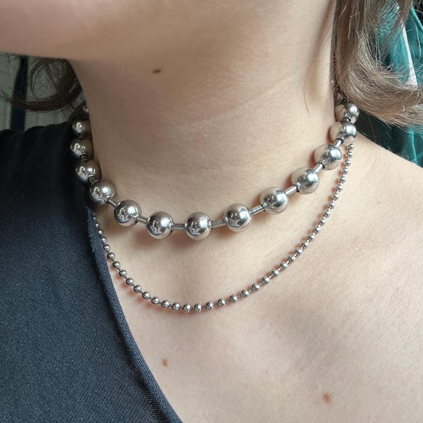 Oversized Ball Chain Necklace, Stainless Steel, Beaded Chain, Silver ...