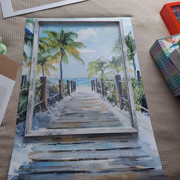 Key West Beach Walkway Watercolor Print, Palm Tree Coastal Wall Art ...