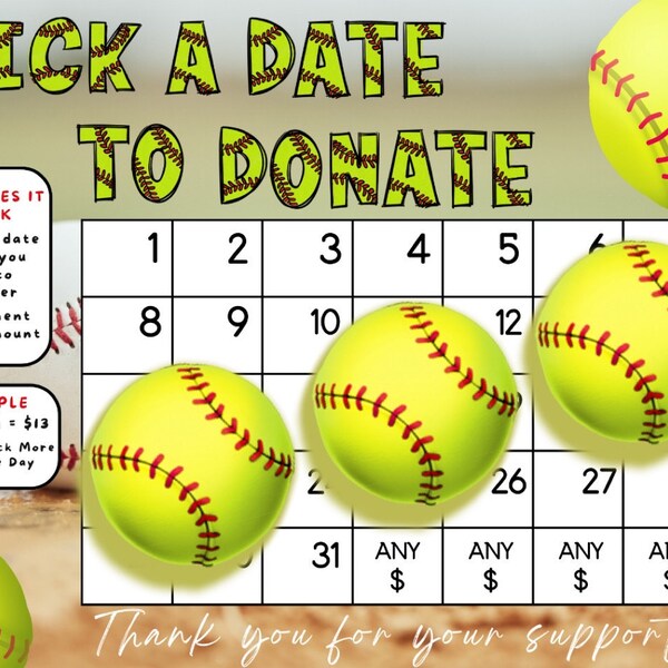 Softball Pick a Date to Donate, INSTANT DOWNLOAD, Fundraiser, Pay the ...