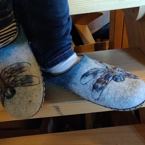Dragonfly Art Felted Slippers for Women, Grey and Emerald Green Wool ...