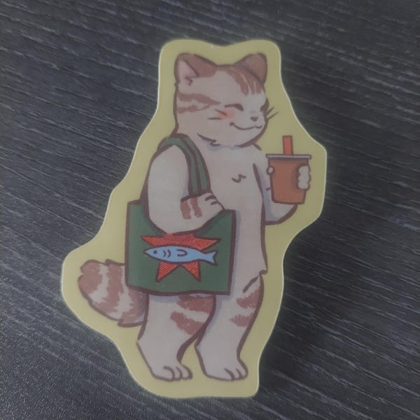 Coffee Cat Sticker | Cute Cat Sticker | Tote Bag Cat Sticker ...