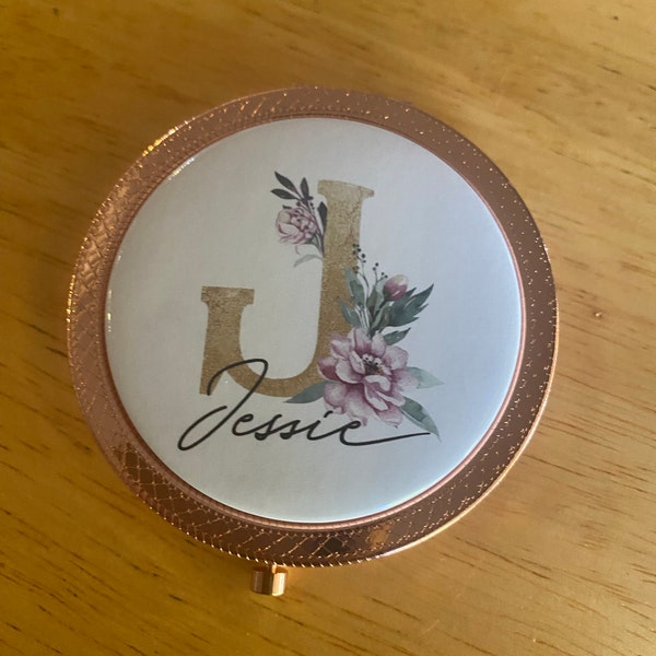 Personalized Gold Initial and Name Compact Mirror Signature Floral ...