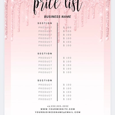 Pink Drip Glitter Price List Template, Makeup Price List, Hair Price ...