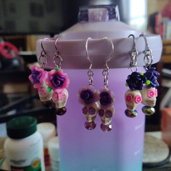 Sugar Skull Earrings Day of the Dead Red Flower Skull Earrings - Etsy