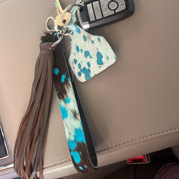 COWHIDE TASSEL KEYCHAIN Wristlet Western Hair on Cowhide Fringe ...