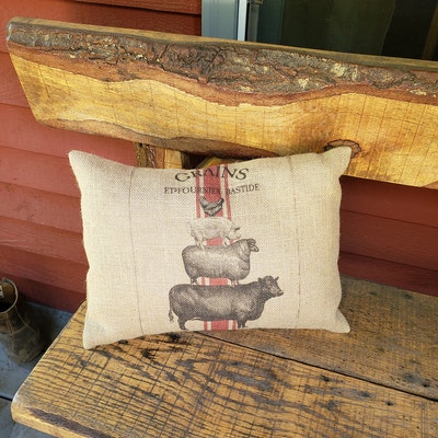 Animal Stack Burlap Pillow, Chicken Pig Sheep Cow, Farmhouse Pillows ...