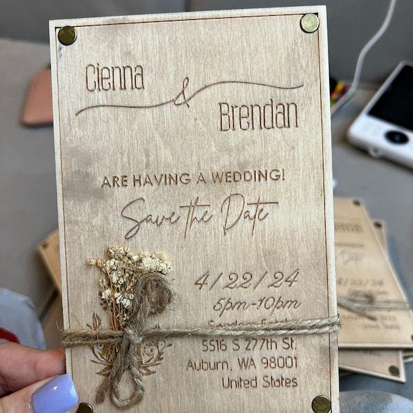 Rustic Wooden Wedding Invitations - Custom Engraved With Jute, Metal ...