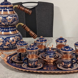 Turkish Tea Set Blue Turkish Copper Tea Set Copper Tea Cups - Etsy