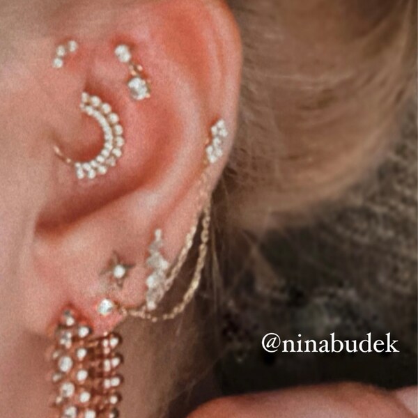 14k Gold Double Diamond Dangle Ear Stud for Cartilage With Flat Back ...