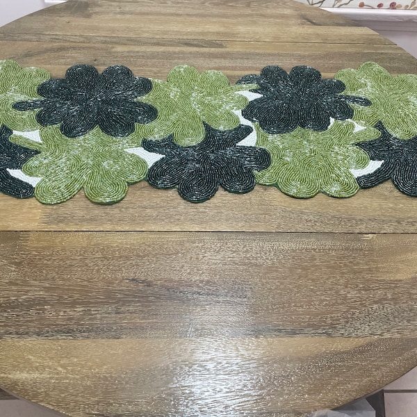 Handmade Table Runner, Clover Leaf / Shamrock Hand Beaded Runner, Green ...