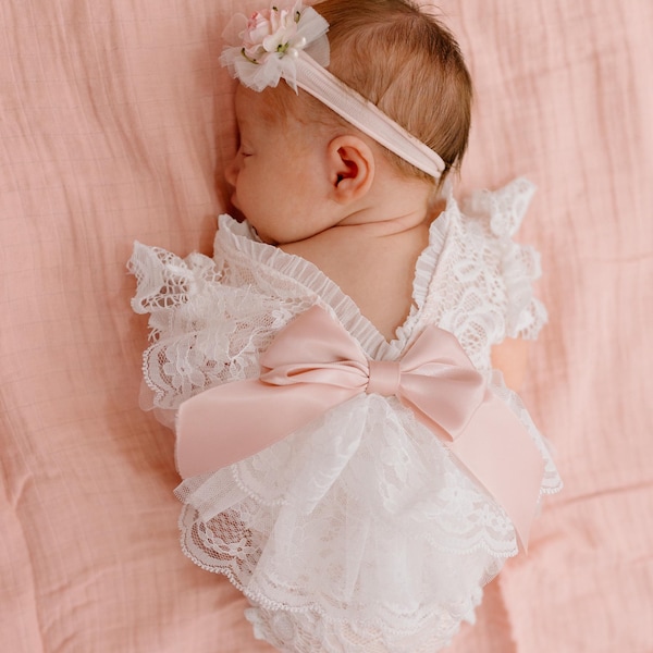 Lace Newborn Romper, Newborn Peach Romper, Newborn Lace Romper Set ...