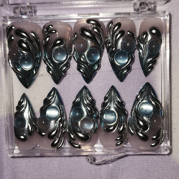 Freestyle 3D Chrome Long Almond Press on Nail, Gothic Nail Art Hand ...