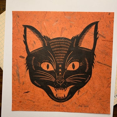 Halloween Black Cat Block Print Spooky Season Cute Vintage - Etsy