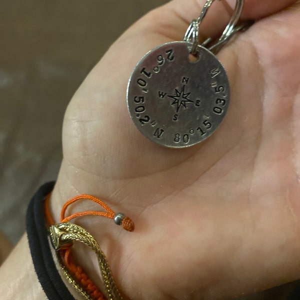 Custom Coordinates Keychain With Compass Rose- Hand Stamped Latitude ...
