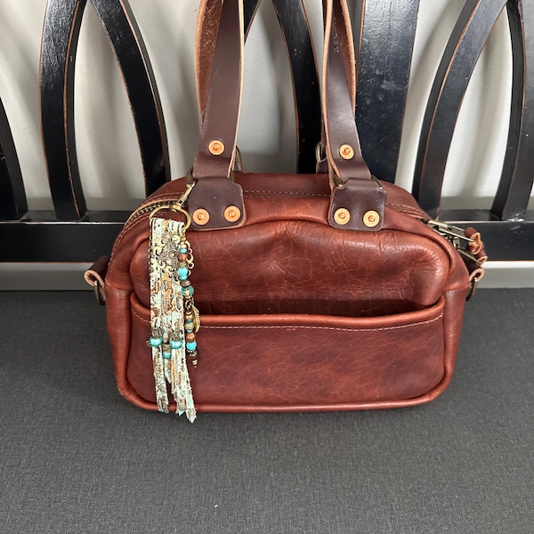 Leather Fringe Purse Charm Long Leather Bag Charm Copper Leather Tassel ...