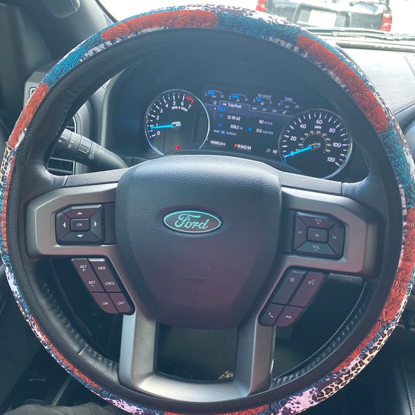 Tooled Leather, Cowhide & Leopard Brushstroke Pattern Steering Wheel ...