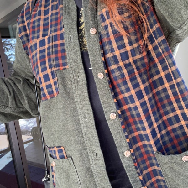 Upcycled Flannel Cropped Flannel Gray / Black Plaid Color Block Shirt ...