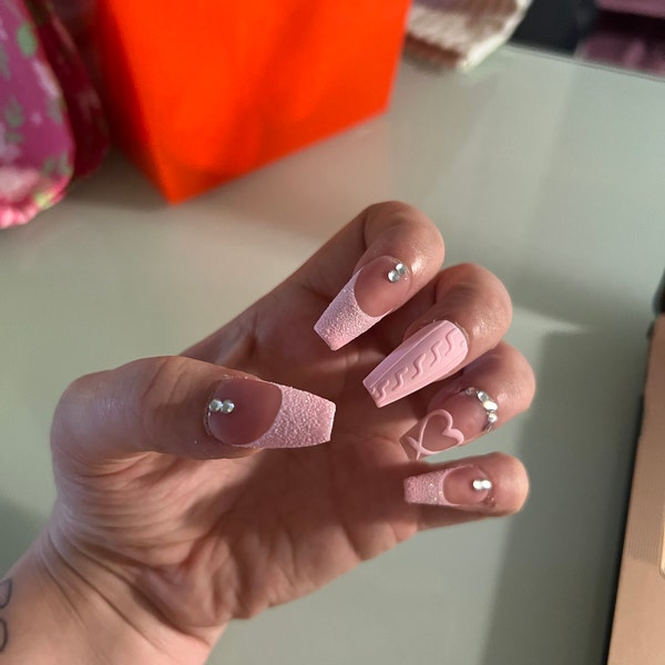 Pink French Tip With Heart Extra Long Coffin Press on Nails, Luxury Fake Nails, False Nails ...