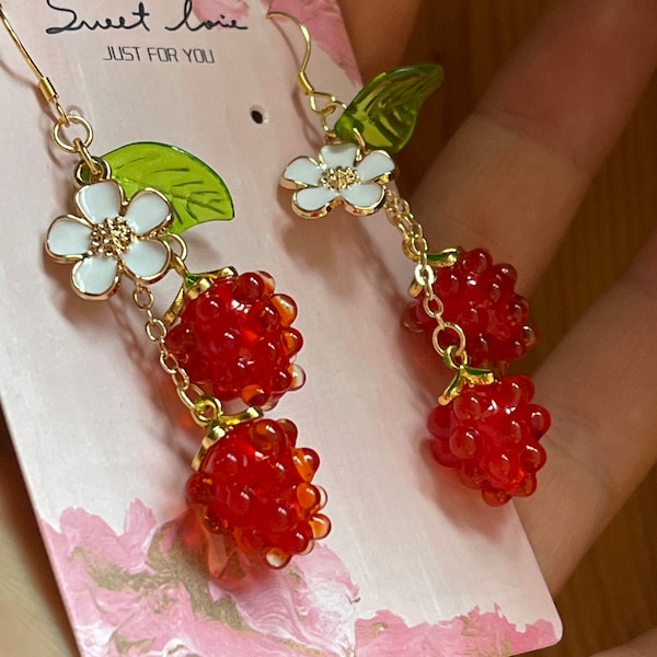 Raspberry Earrings Glass Fruit Earrings Food Jewelry Dangle & Drop ...