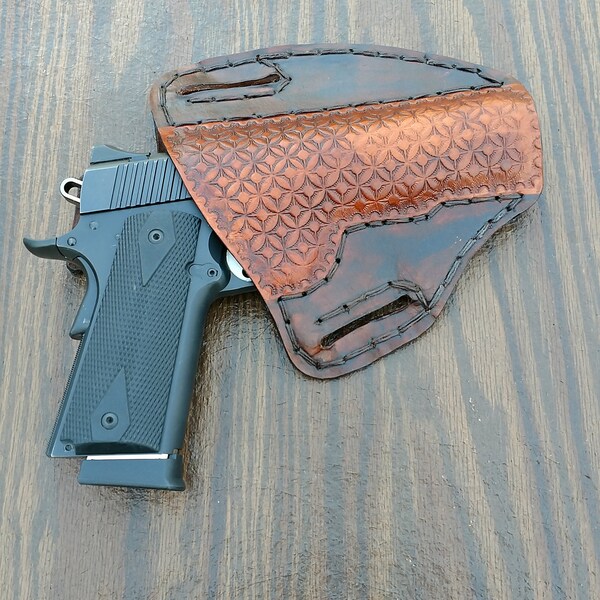 1911 Tooled Leather Holster, Brown Geometric Open Carry OWB Canted .45 ...
