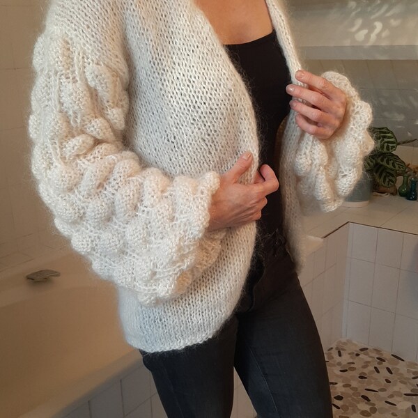 White Cardigan Fluffy Mohair Bomber, Open Front Cardigan, Knit Sweater ...