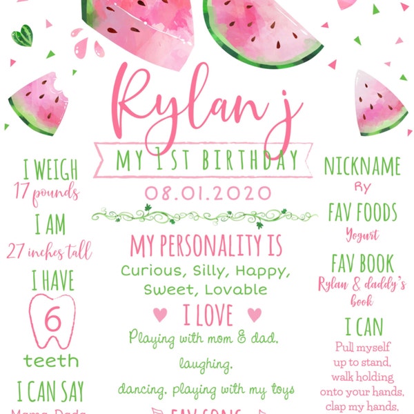 Editable Watermelon Birthday Milestone Poster Watermelon First Birthday ...