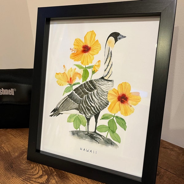 Hawaii State Bird Art Print | Hawaiian Goose (nene) and Hibiscus ...