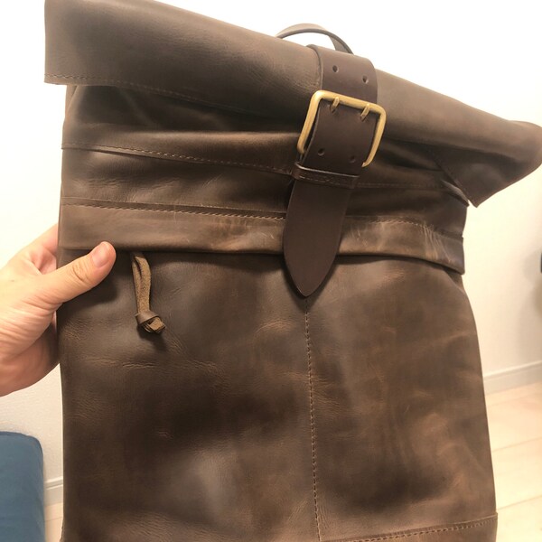 Leather Backpack Roll Top Backpack Men's Large Backpack Laptop Backpack ...