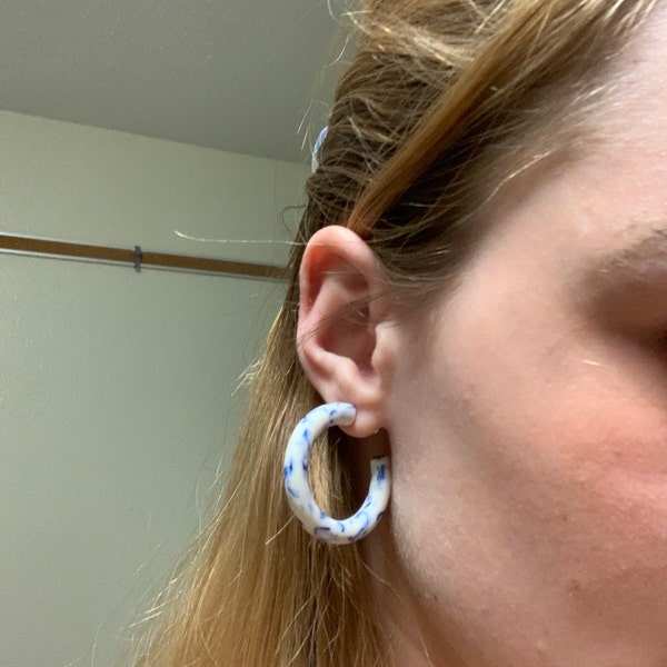 35mm Round Hoops in Porcelain Thick Chunky White and Blue Hoop Earrings Cellulose Acetate ...