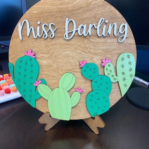 Cactus Teacher Sign, Wooden Sign With Easel, Personalized Sign for Desk ...